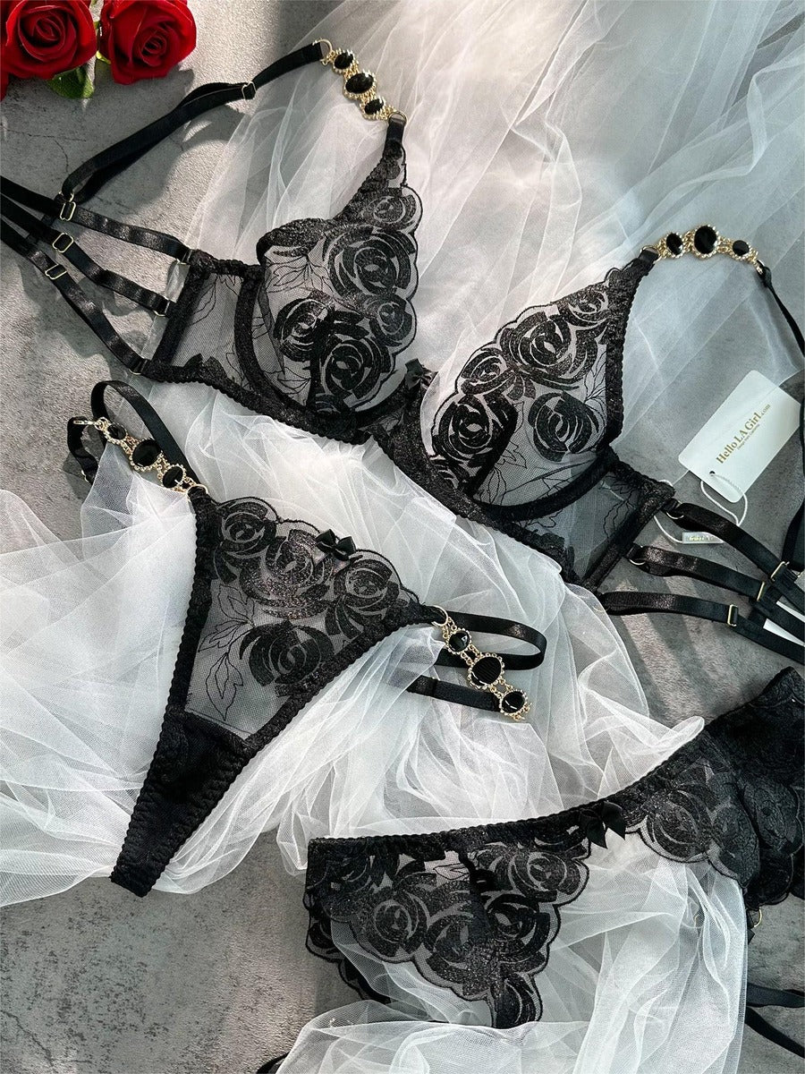 Black Embroidered Sexy Push Up Lingerie Set – Hello.LA.Girl