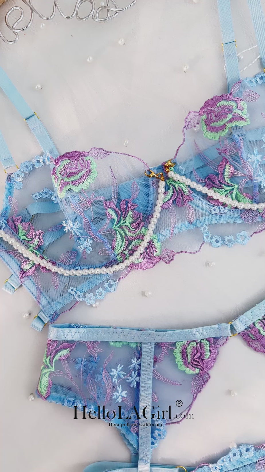 Blue Floral Embroidery Pearl Chain Lingerie Set | HelloLAGirl – Hello ...