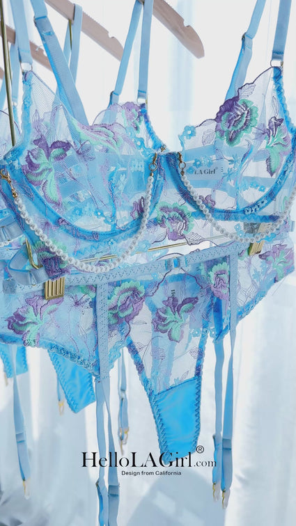 Blue Floral Embroidery Pearl Chain Lingerie Set Hellolagirl Hello