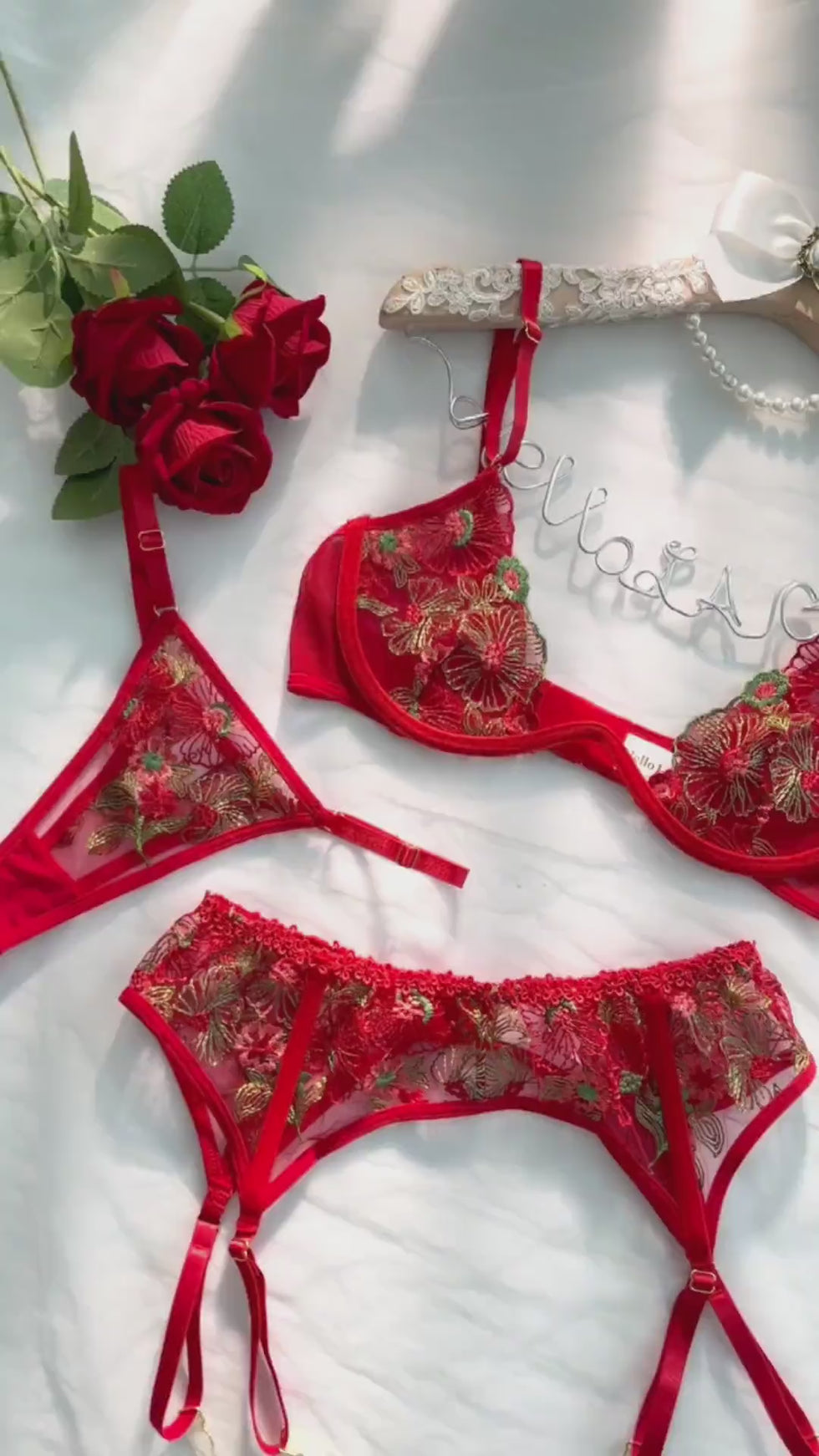 Red Flowers Embroidered Mesh Sheer Lingerie Set – Hello.LA.Girl