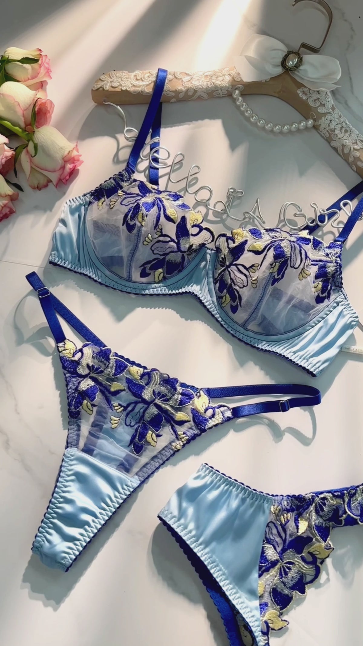 Hellolagirl Fresh Blue Satin Embroidered Lingerie Hellolagirl