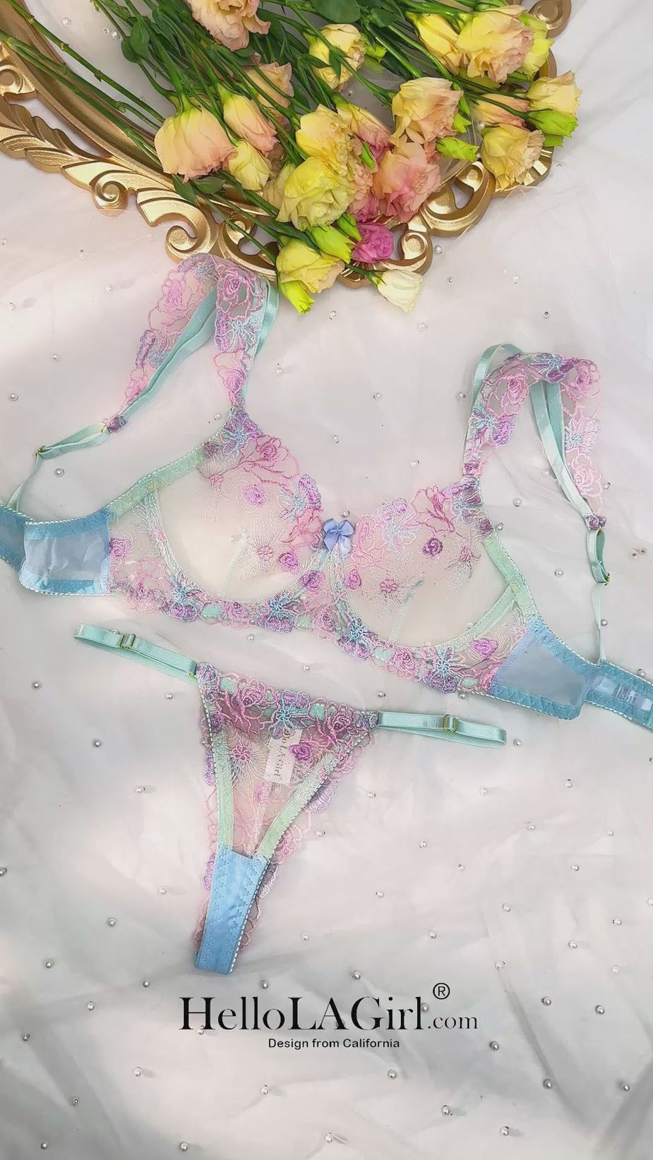 Blue Butterfly Bow Colorful Embroidered Flower Lingerie Set ...