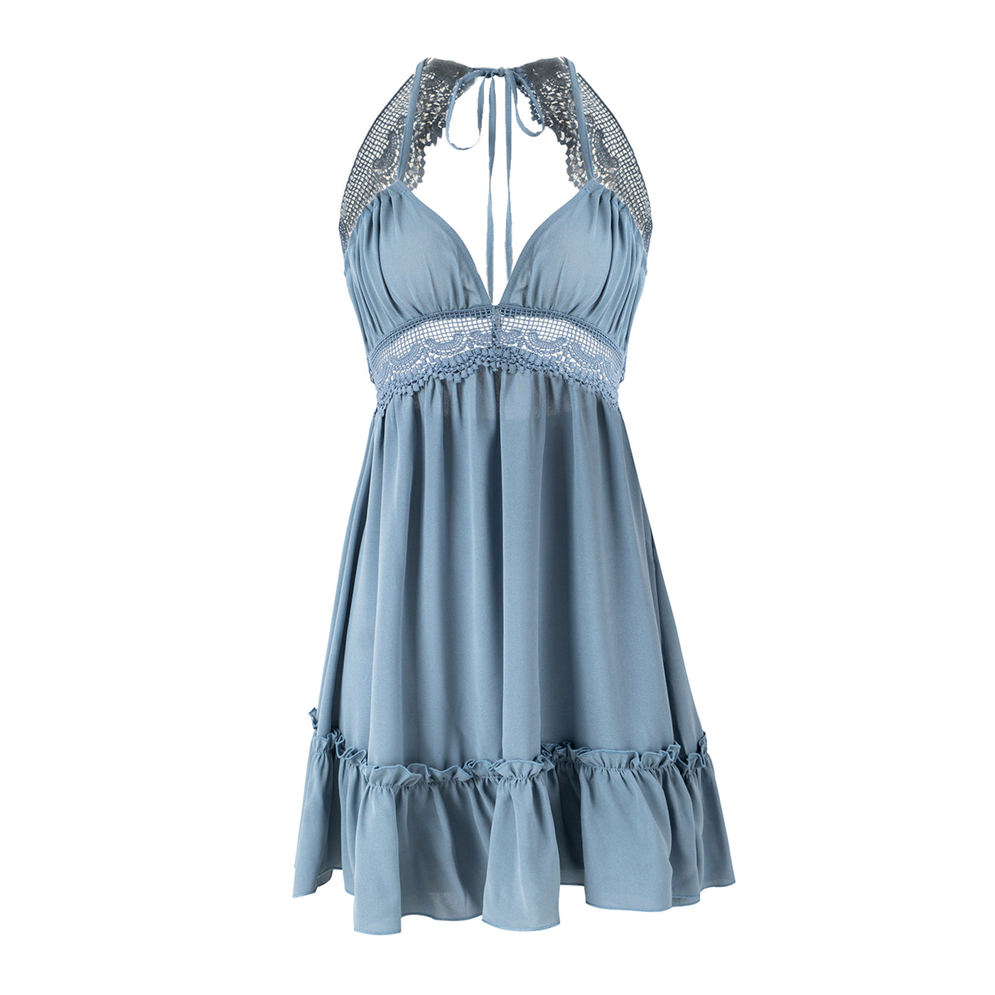 Blue Floral Lace Ruffle Hem Spaghetti Strap Backless Dress – Hello.LA.Girl